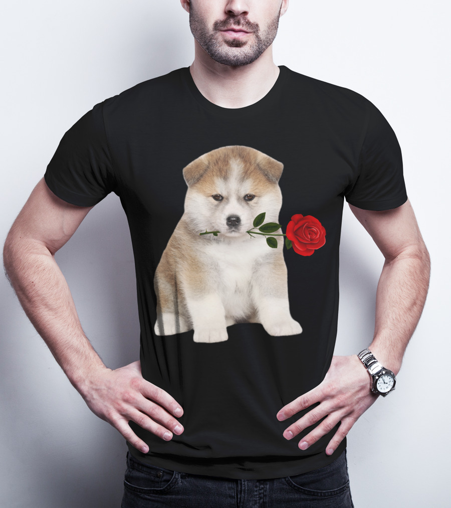Akita Puppy Holding Red Rose T-Shirt