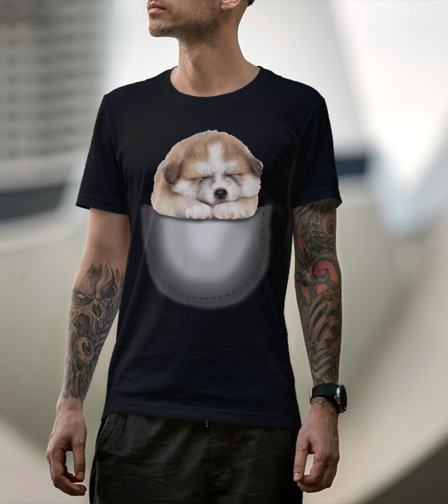 Sleeping Akita Puppy In Pocket T-Shirt