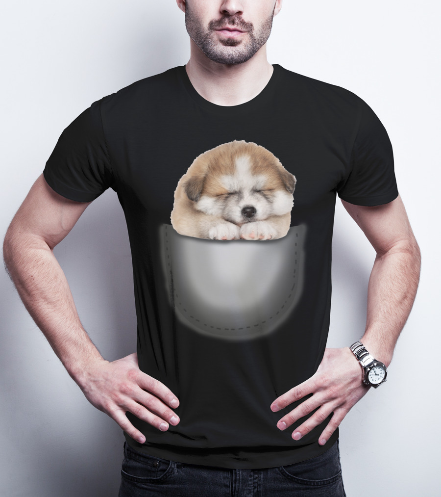 Sleeping Akita Puppy In Pocket T-Shirt