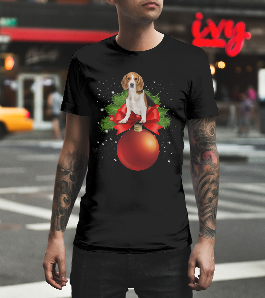 Beagle Red Christmas Ornament With Holly And Snowflakes T-Shirt