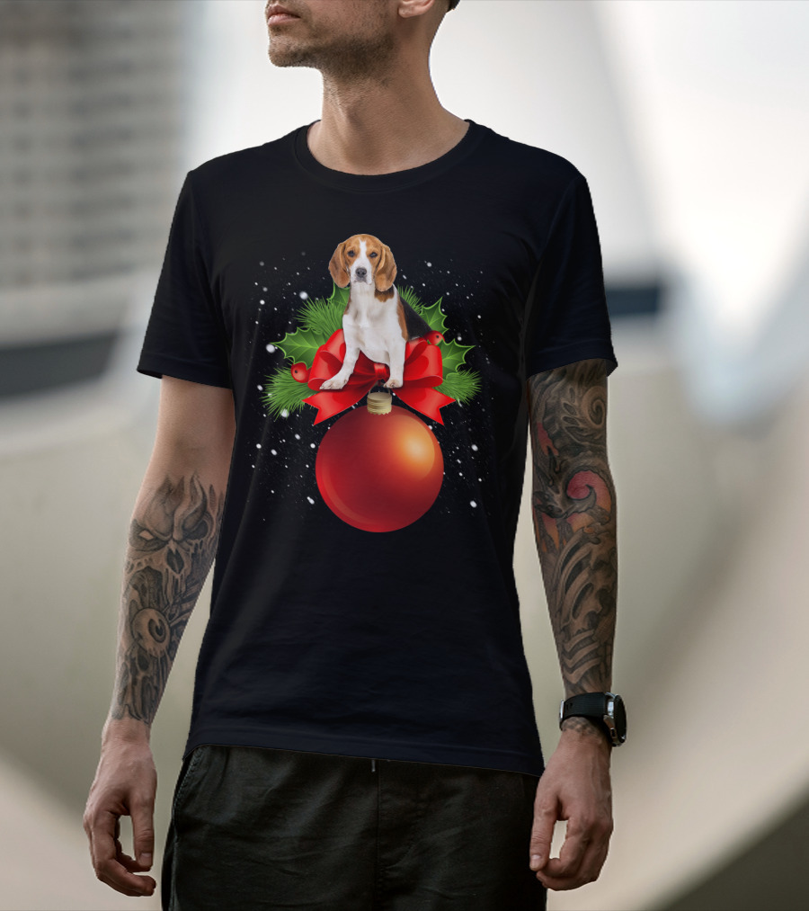 Beagle Red Christmas Ornament With Holly And Snowflakes T-Shirt