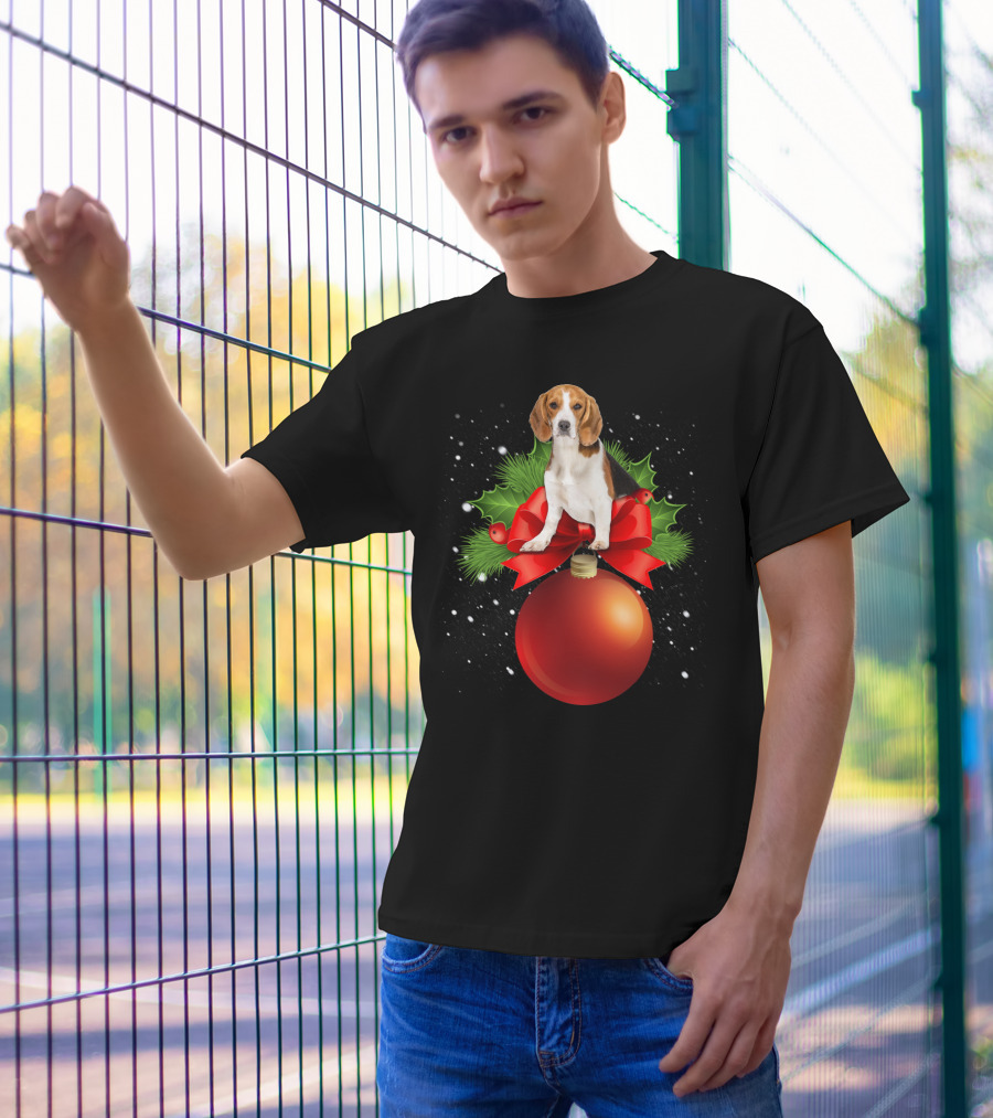 Beagle Red Christmas Ornament With Holly And Snowflakes T-Shirt