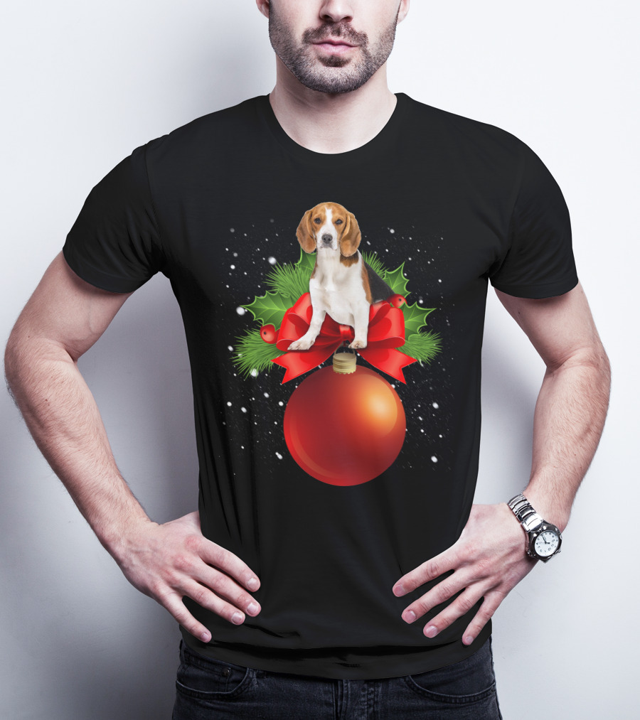 Beagle Red Christmas Ornament With Holly And Snowflakes T-Shirt