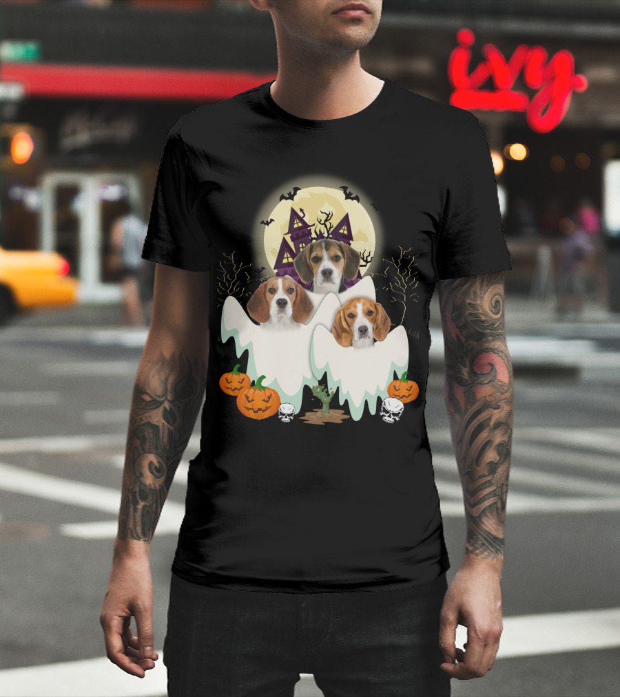 Beagle Halloween Ghosts Haunted House Pumpkins Bats Moon T-Shirt