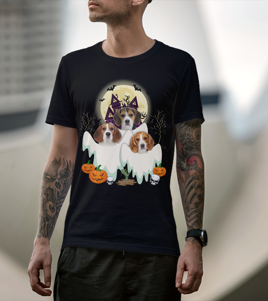 Beagle Halloween Ghosts Haunted House Pumpkins Bats Moon T-Shirt