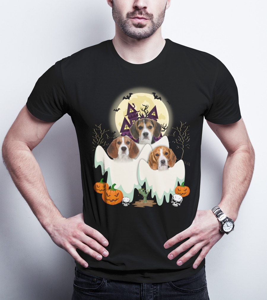 Beagle Halloween Ghosts Haunted House Pumpkins Bats Moon T-Shirt