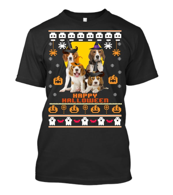 Beagle Happy Halloween Witch Hats And Pixelated Ghosts T-Shirt