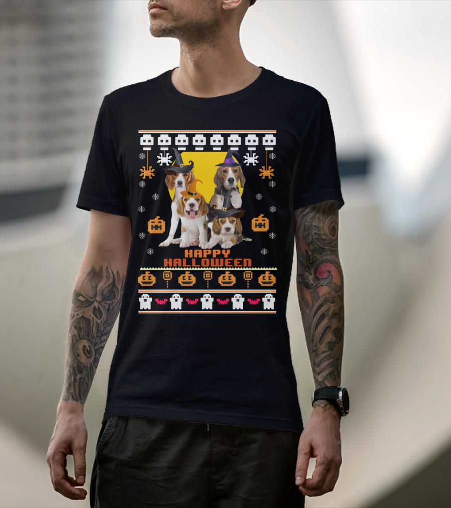 Beagle Happy Halloween Witch Hats And Pixelated Ghosts T-Shirt