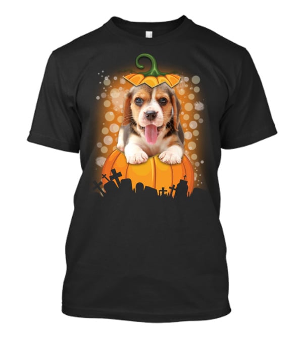 Beagle Puppy On Halloween Pumpkin Graveyard Scene T-Shirt