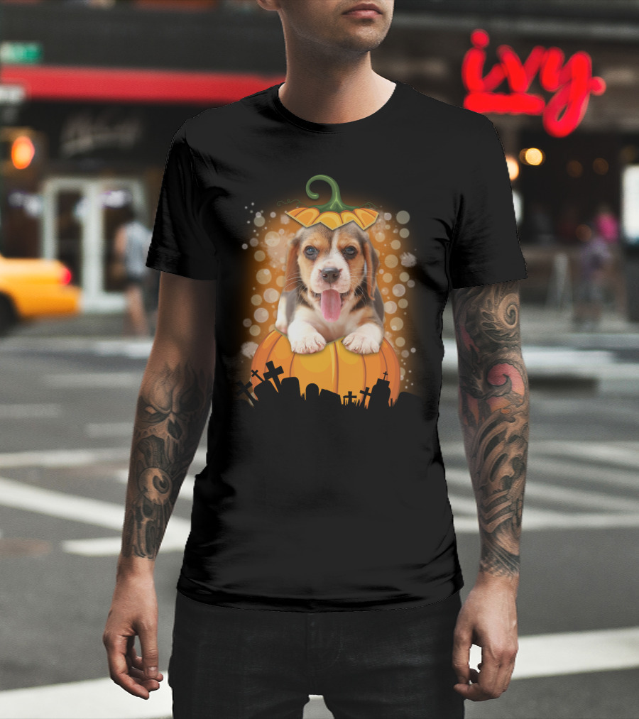 Beagle Puppy On Halloween Pumpkin Graveyard Scene T-Shirt