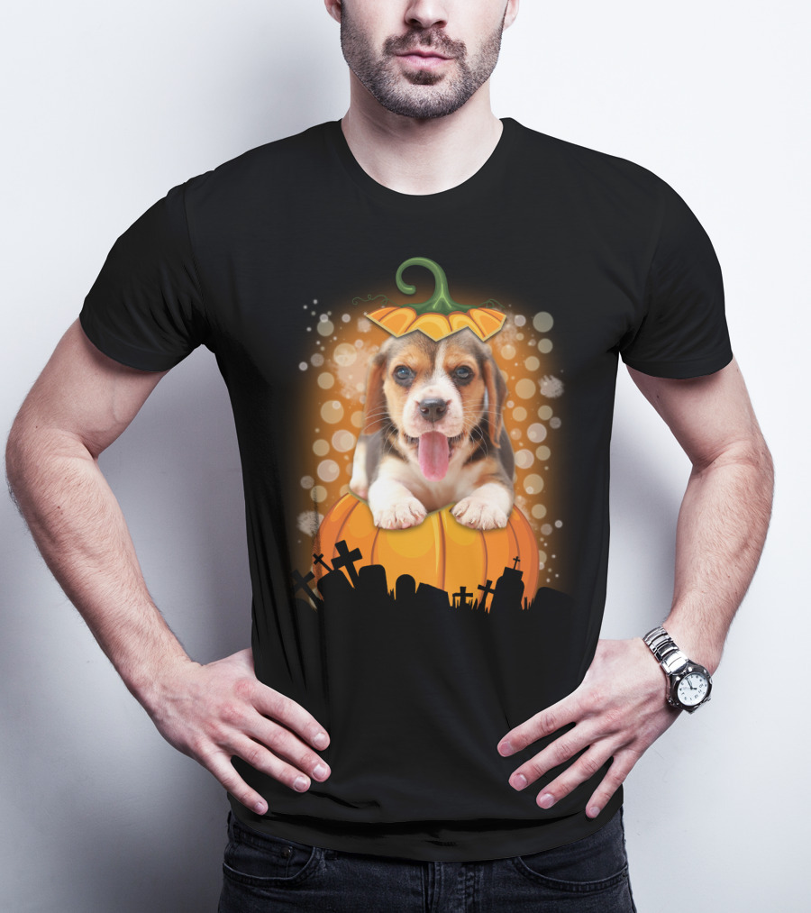 Beagle Puppy On Halloween Pumpkin Graveyard Scene T-Shirt