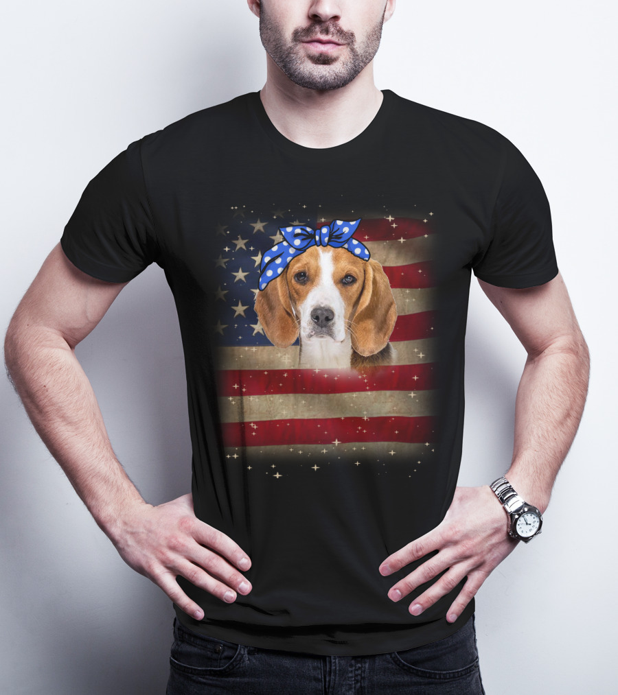 Beagle With Blue Polka Dot Bow On American Flag Background T-Shirt