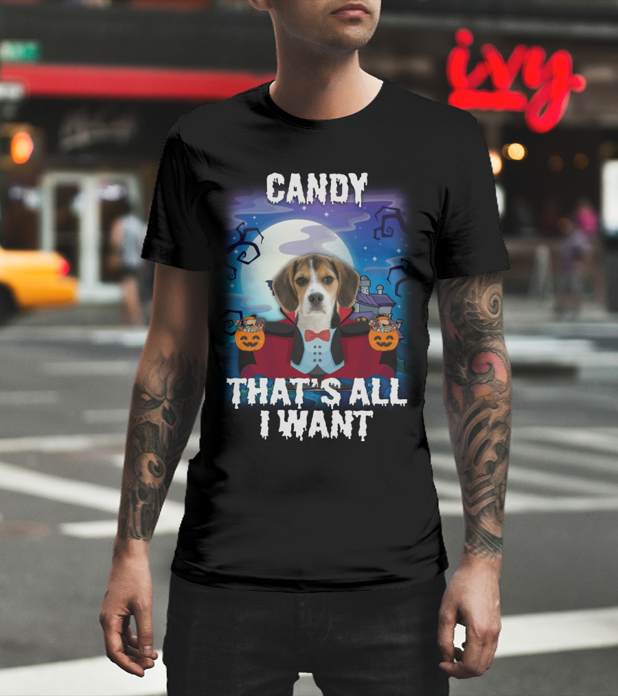 Candy Beagle Halloween Moonlit Mansion With Pumpkins T-Shirt