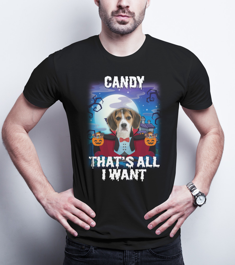 Candy Beagle Halloween Moonlit Mansion With Pumpkins T-Shirt