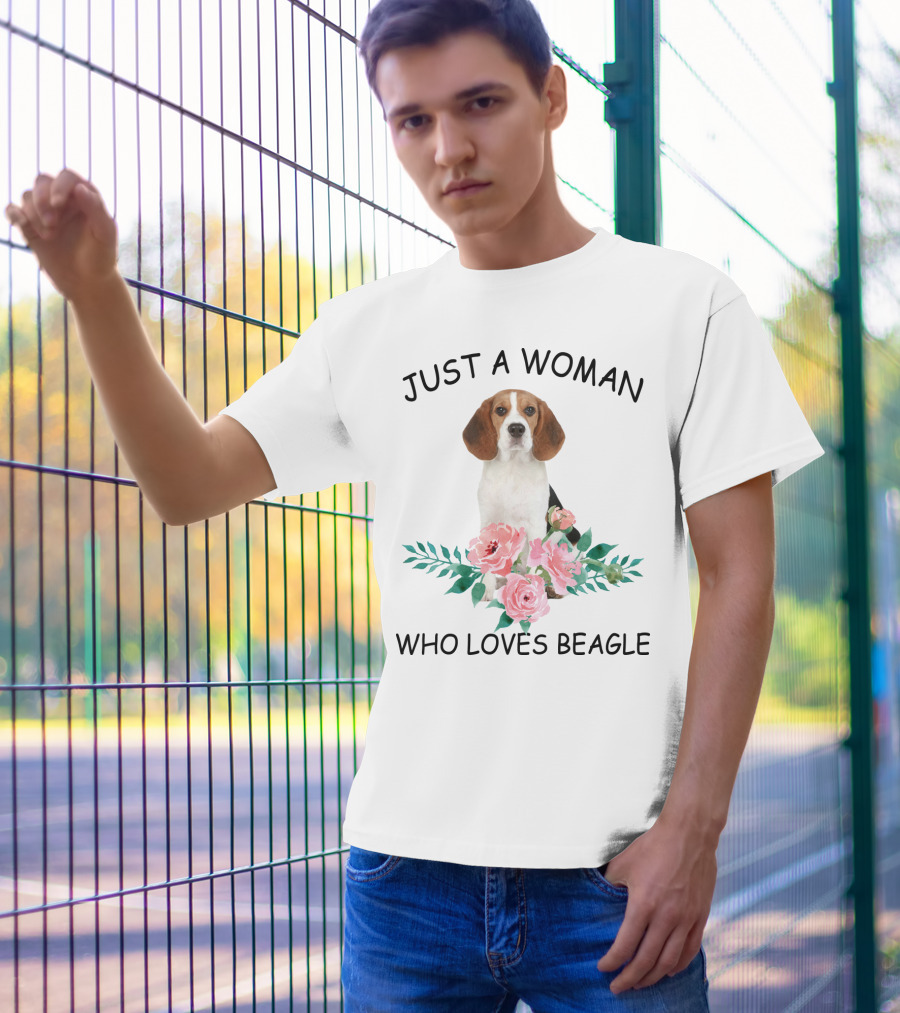 Just A Woman Who Loves Beagle With Pink Flowers T-Shirt