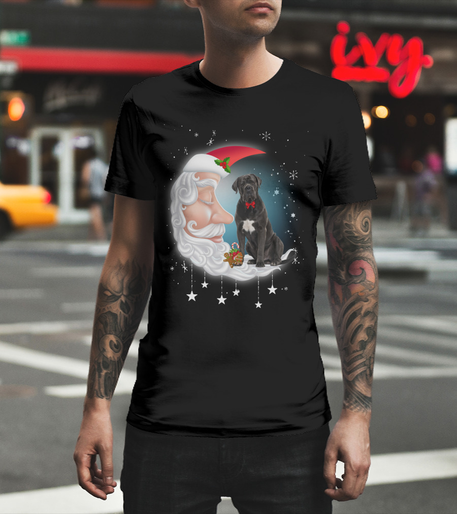 Santa Crescent Moon Cane Corso With Stars And Snowflakes T-Shirt