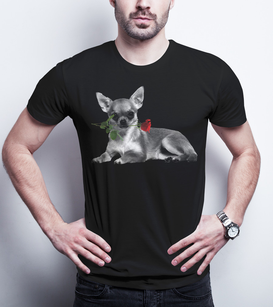 Chihuahua Holding A Red Rose In Mouth T-Shirt