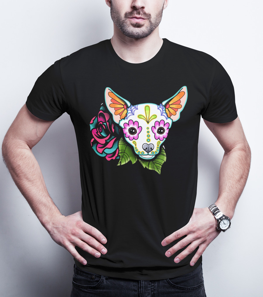 Dead Chihuahua Neon Sugar Skull Rose T-Shirt