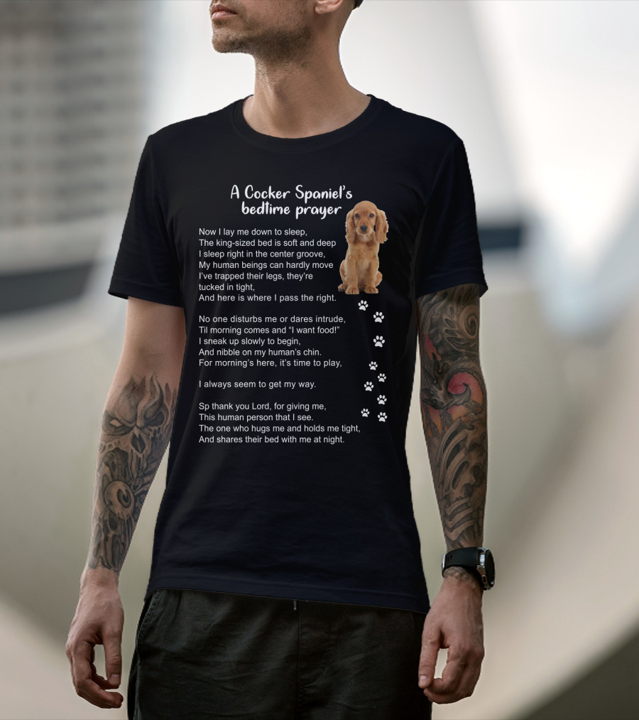 A Cocker Spaniel's Bedtime Prayer With Sleeping Dog And Paw Prints In Soft Light Brown T-Shirt