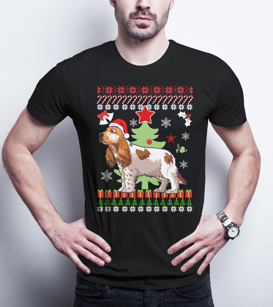 Christmas Cocker Spaniel Santa Hat Snowflakes Christmas Tree T-Shirt