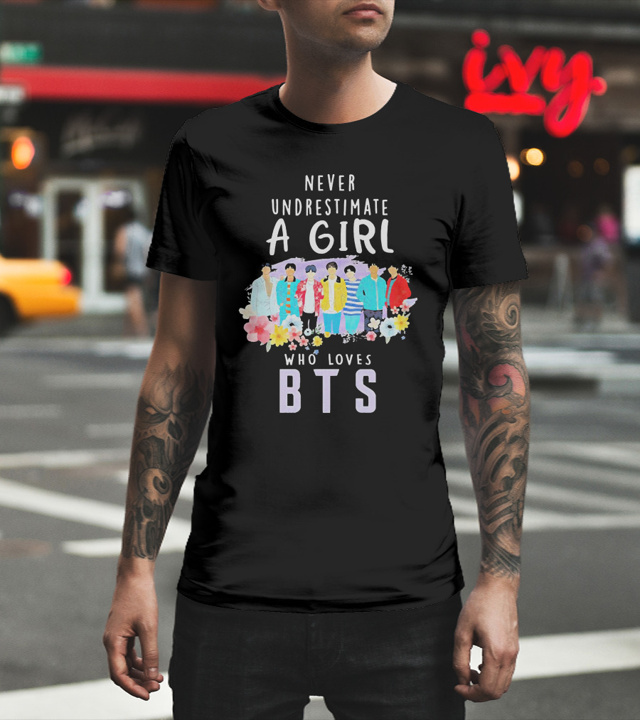 Never Underestimate A Girl Who Loves BTS Floral Watercolor Band T-Shirt