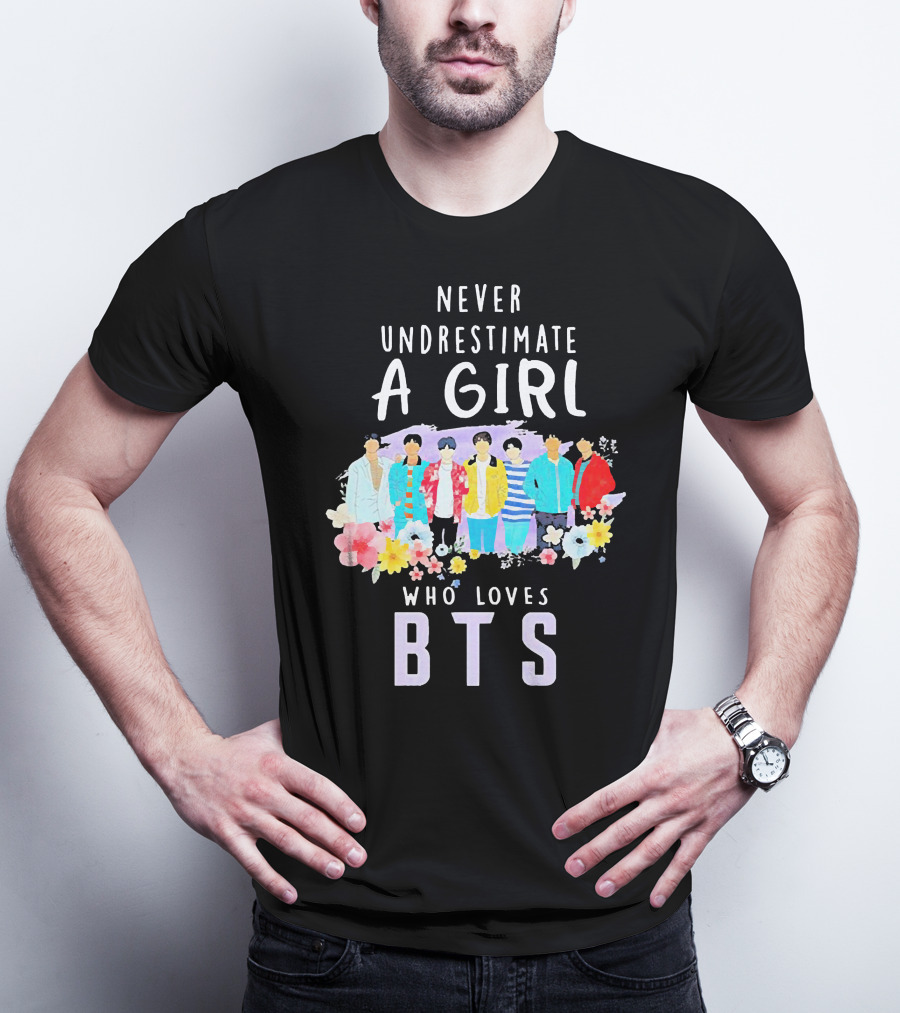 Never Underestimate A Girl Who Loves BTS Floral Watercolor Band T-Shirt