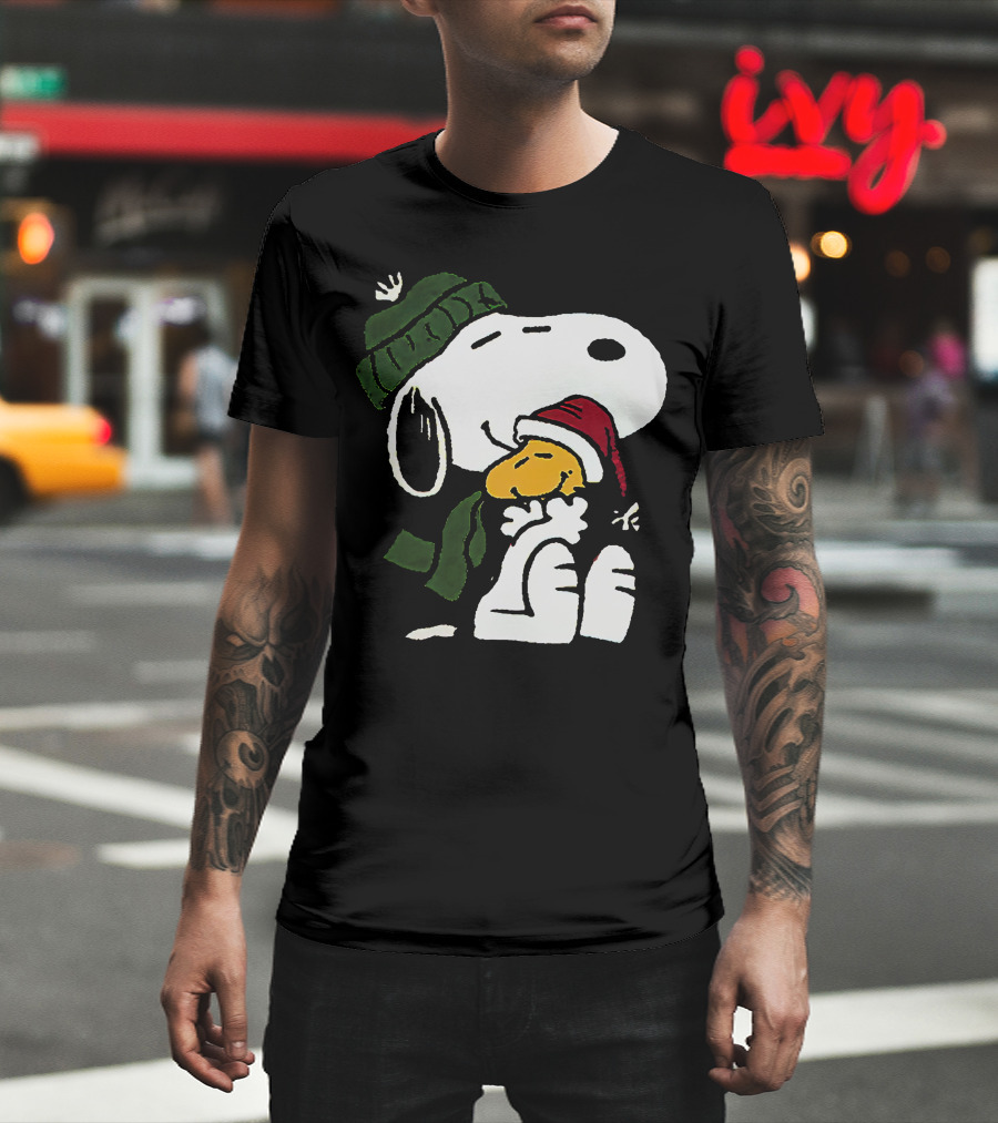 Snoopy Hugging Woodstock Winter Hat Scarf Christmas T-Shirt