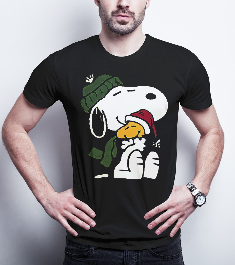 Snoopy Hugging Woodstock Winter Hat Scarf Christmas T-Shirt