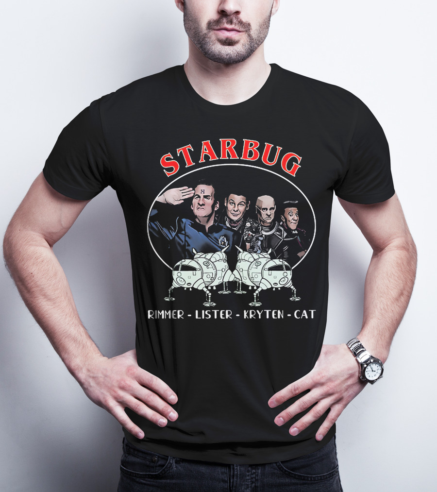 Starbug Rimmer Lister Kryten Cat Red Dwarf Crew With Spaceship T-Shirt