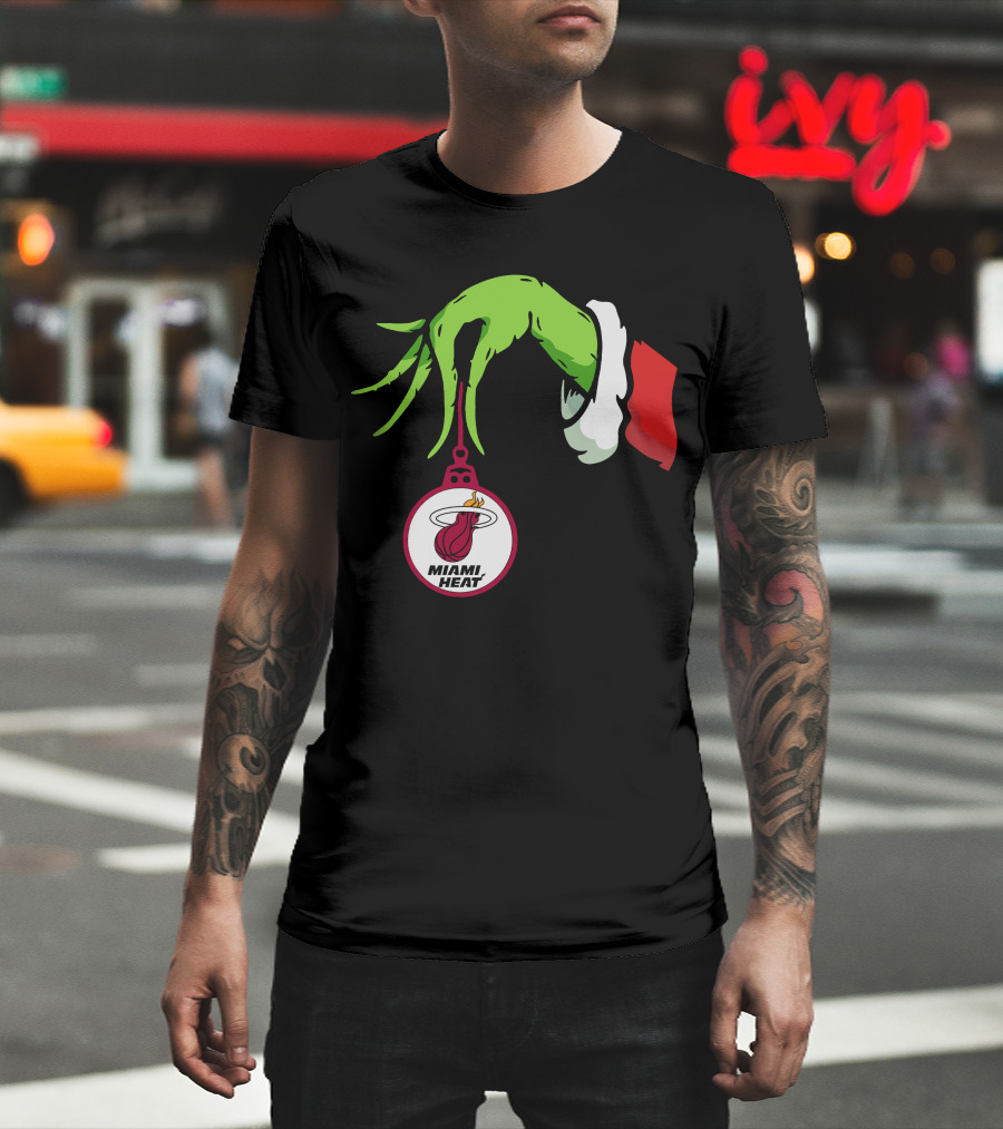 Grinch Hand With Miami Heat Ornament Holiday Sports T-Shirt