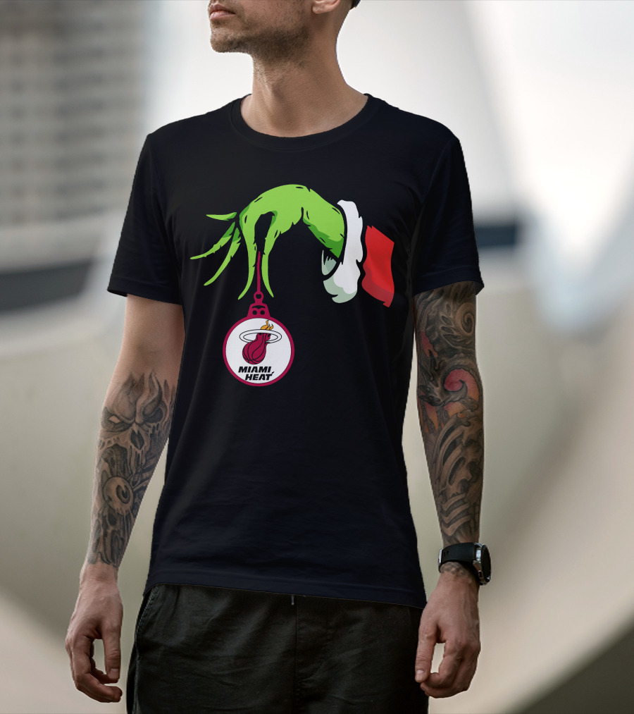 Grinch Hand With Miami Heat Ornament Holiday Sports T-Shirt