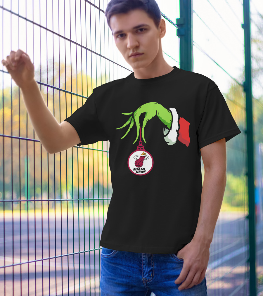 Grinch Hand With Miami Heat Ornament Holiday Sports T-Shirt