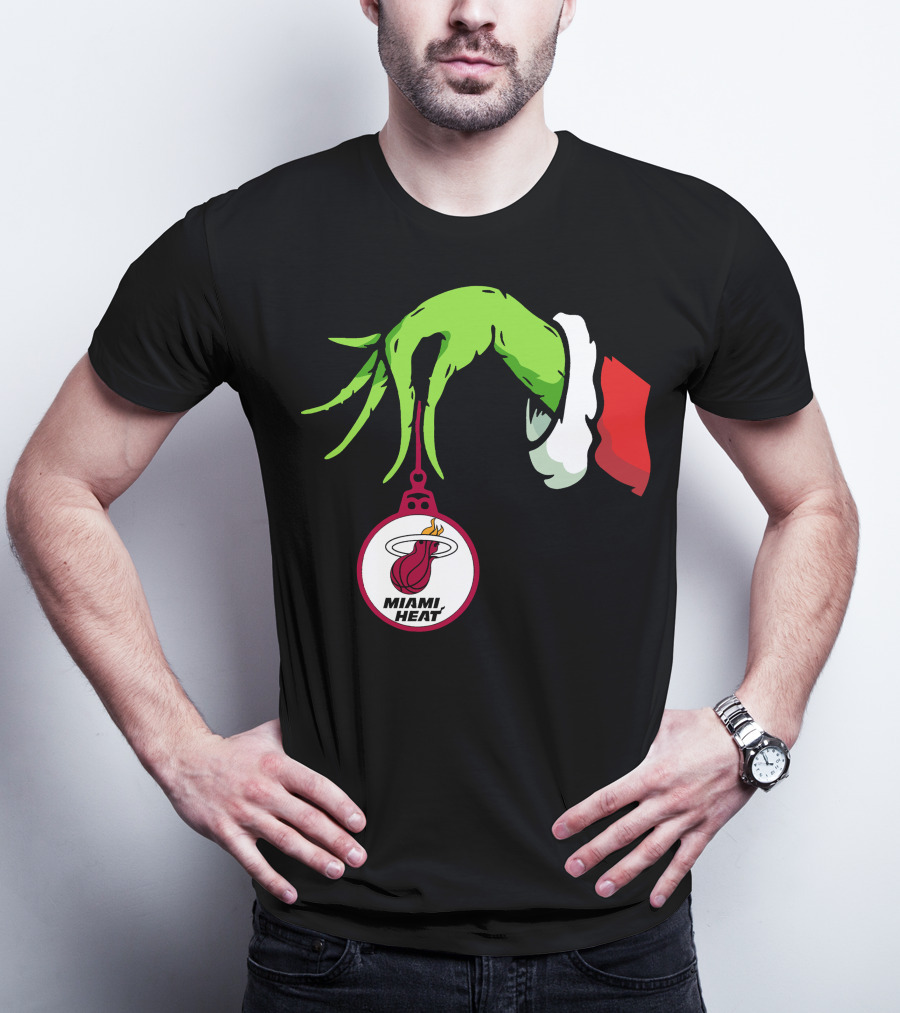 Grinch Hand With Miami Heat Ornament Holiday Sports T-Shirt