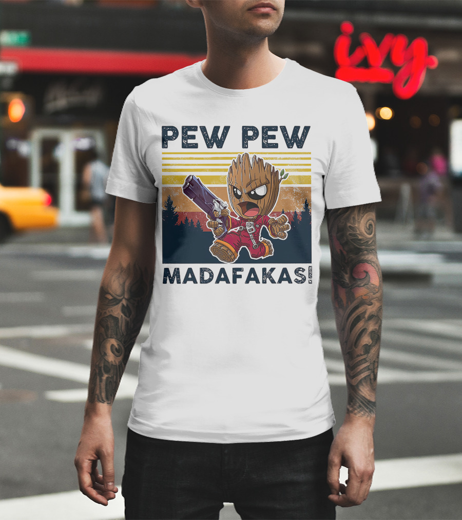 Pew Pew Madafakas Baby Groot Retro Forest Background T-Shirt