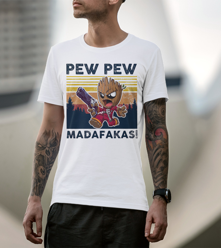 Pew Pew Madafakas Baby Groot Retro Forest Background T-Shirt