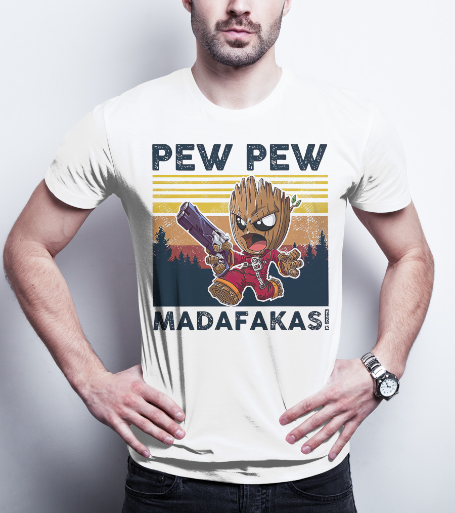 Pew Pew Madafakas Baby Groot Retro Forest Background T-Shirt