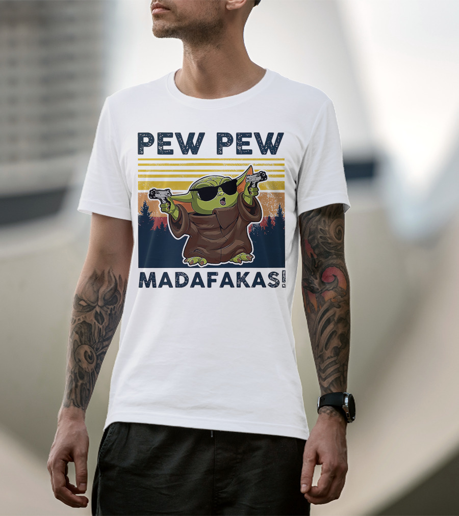 Pew Pew Madafakas Baby Yoda Retro Forest Sunset T-Shirt