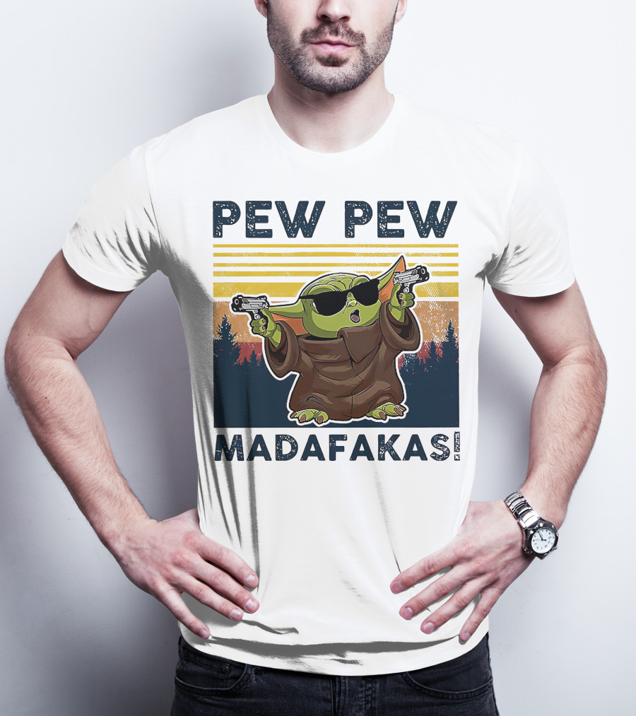 Pew Pew Madafakas Baby Yoda Retro Forest Sunset T-Shirt