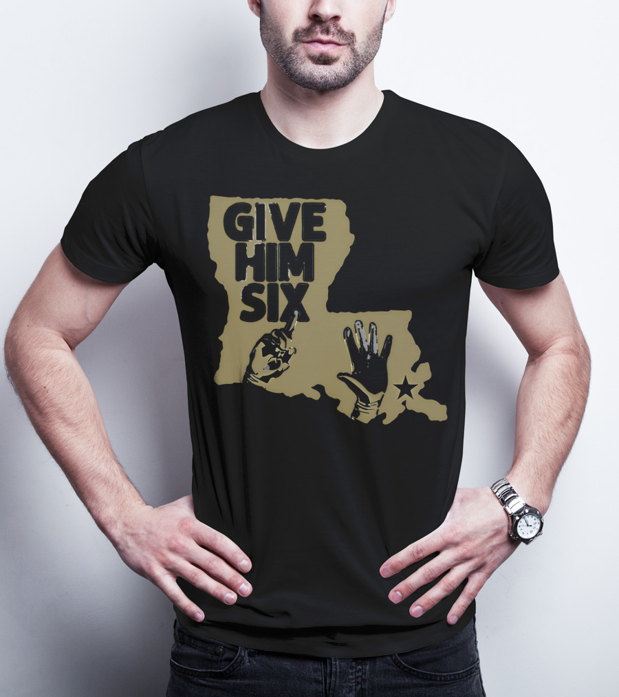 Give Him Six Louisiana Map With Football Gloves Star T-Shirt
