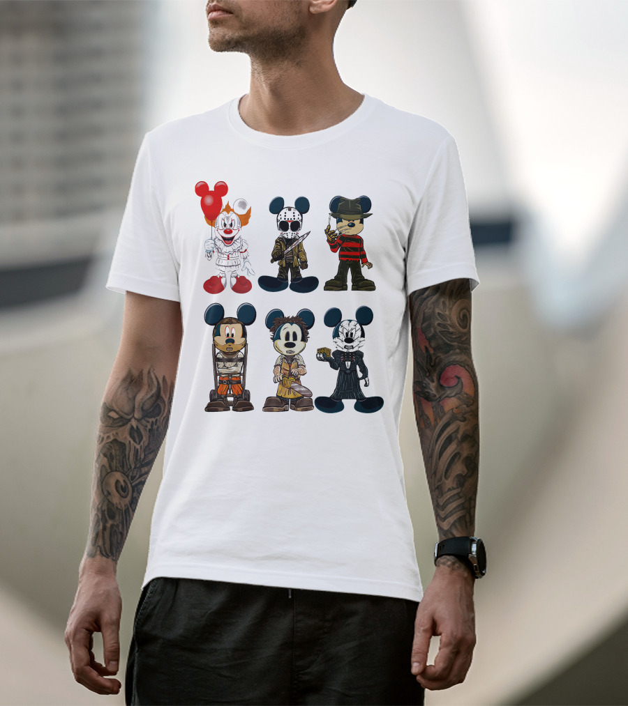 Halloween Horror Characters Mickey Mouse Pennywise Jason Freddy Chucky Leatherface Pinhead T-Shirt