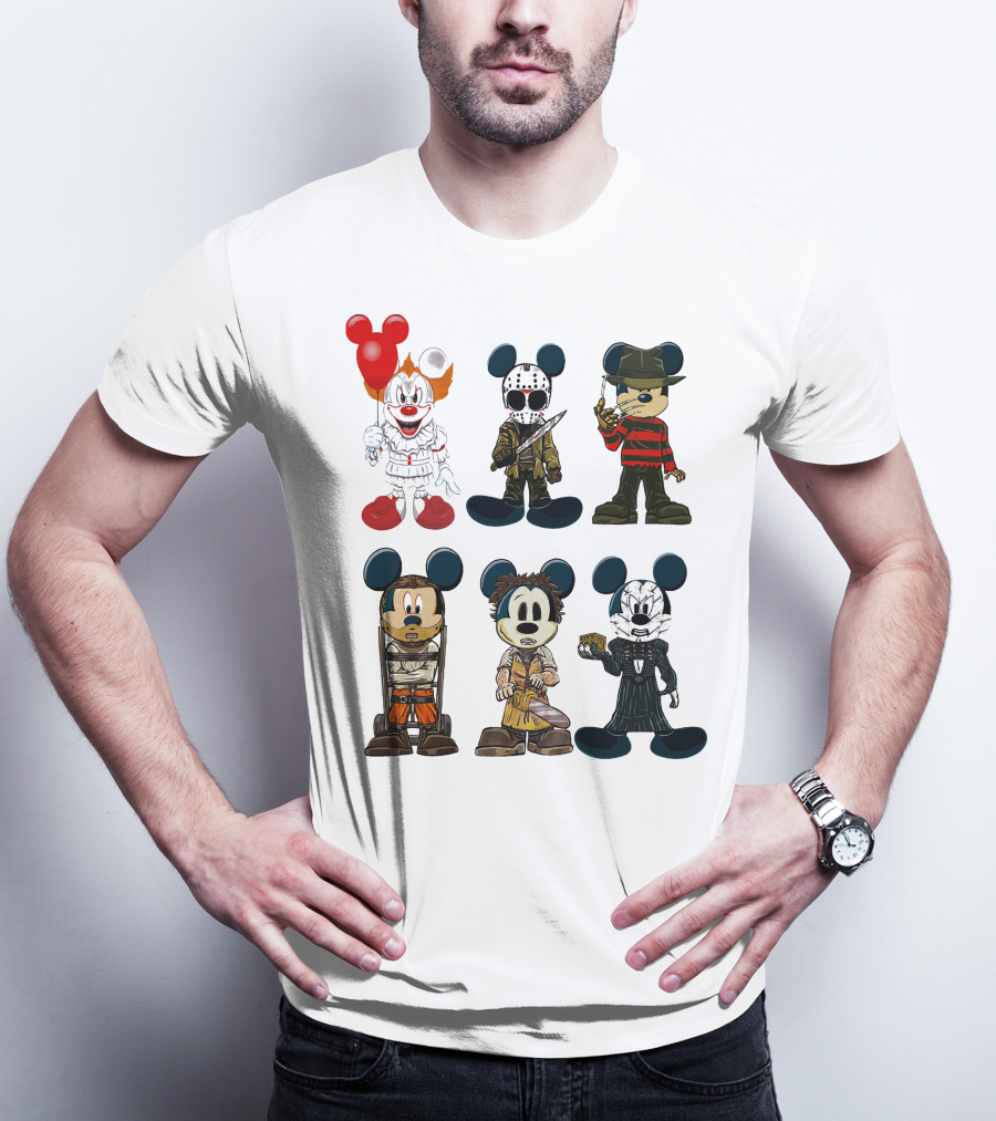 Halloween Horror Characters Mickey Mouse Pennywise Jason Freddy Chucky Leatherface Pinhead T-Shirt
