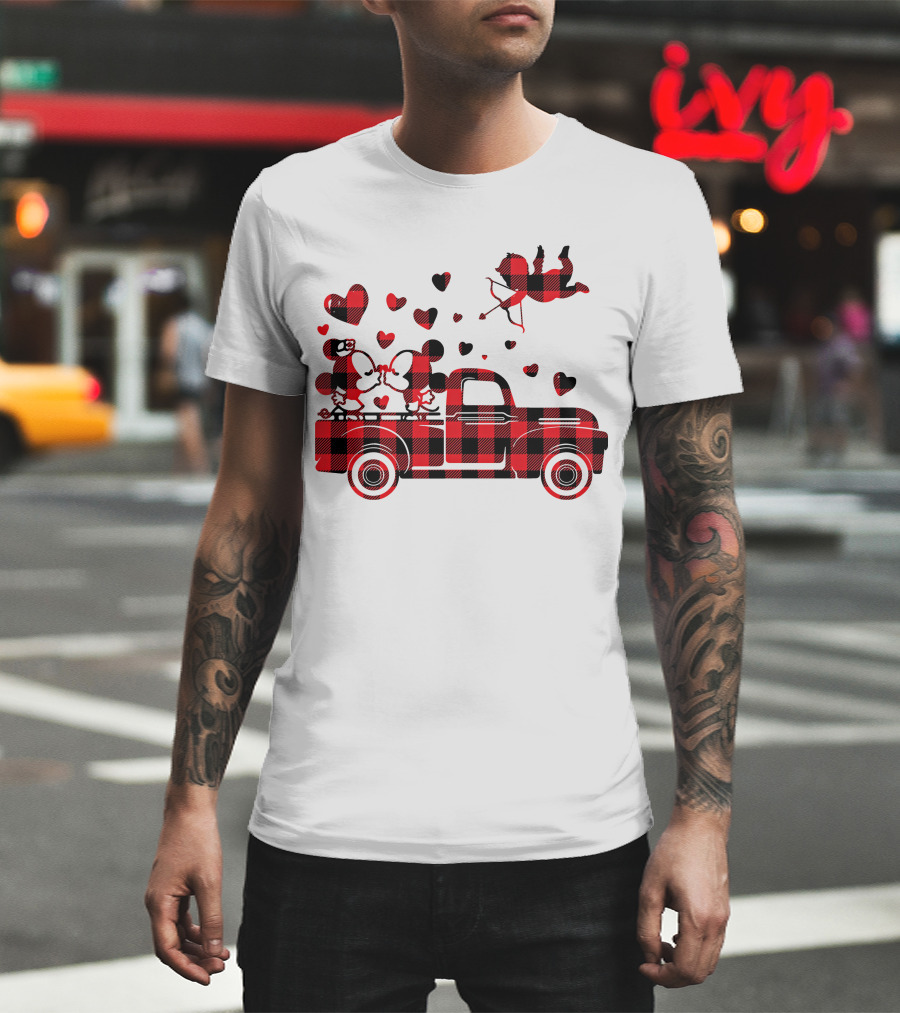 Buffalo Plaid Mickey Minnie Kissing In Truck With Hearts And Cupid Valentine T-Shirt