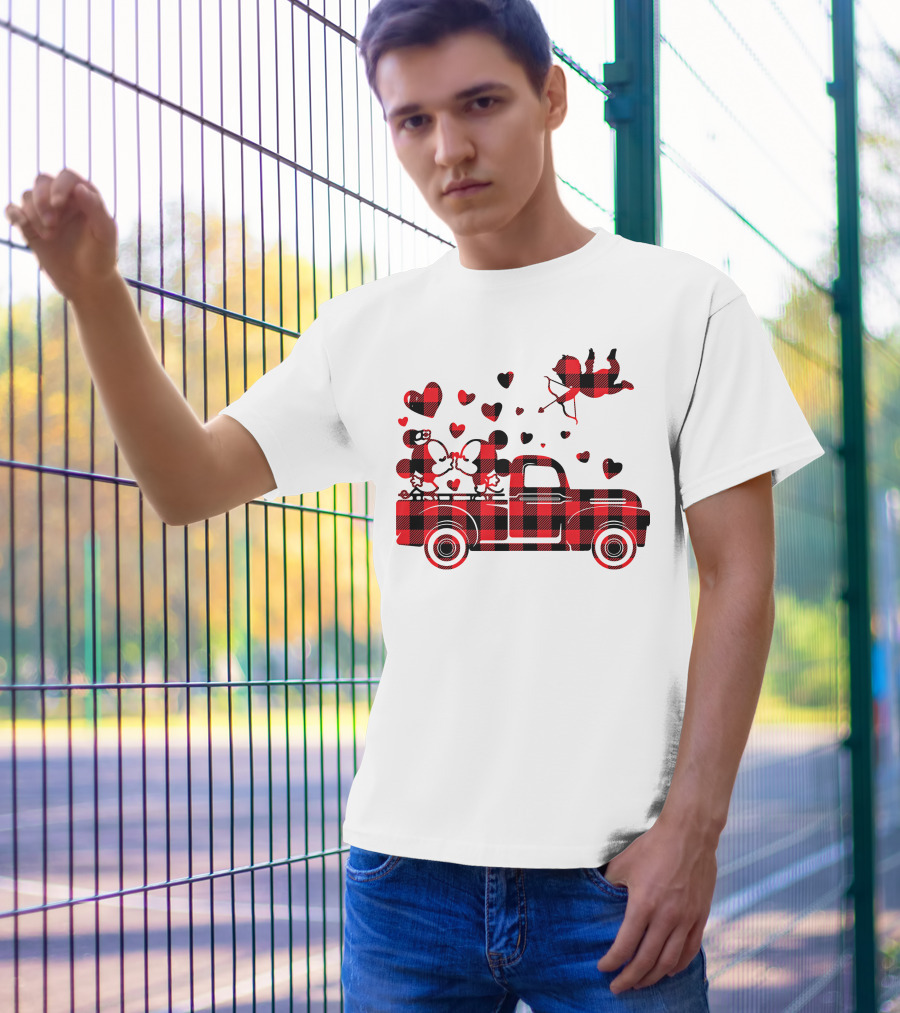 Buffalo Plaid Mickey Minnie Kissing In Truck With Hearts And Cupid Valentine T-Shirt