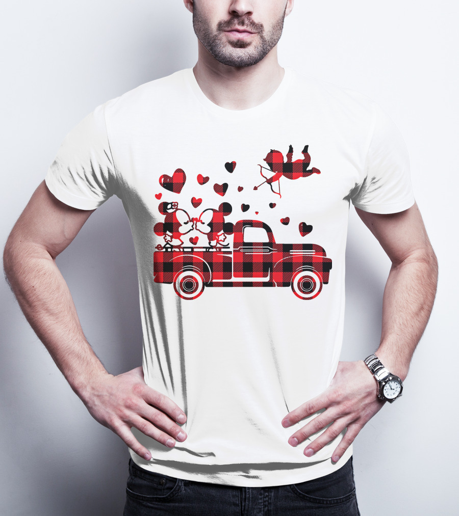 Buffalo Plaid Mickey Minnie Kissing In Truck With Hearts And Cupid Valentine T-Shirt