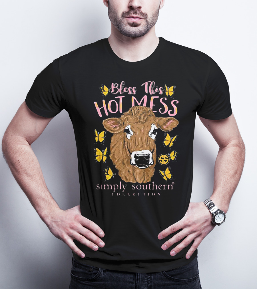 Bless This Hot Mess Simply Southern Collection Cow And Butterflies T-Shirt