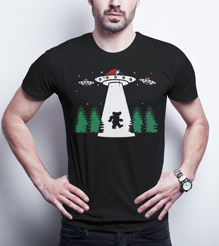 Grateful Dead Bear Abducted By UFO With Lightning Bolt And Red Hat T-Shirt