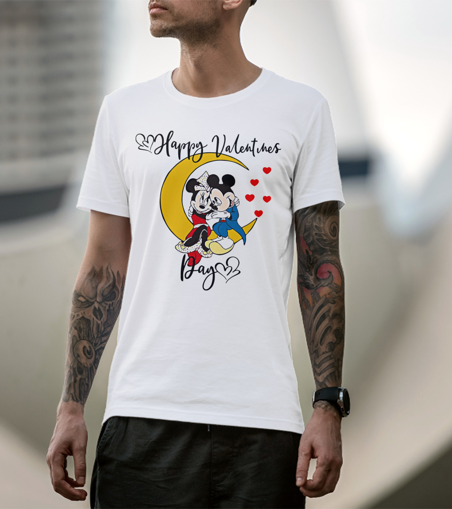Happy Valentines Day Mickey Mouse And Minnie Mouse Cuddling On Crescent Moon With Hearts T-Shirt
