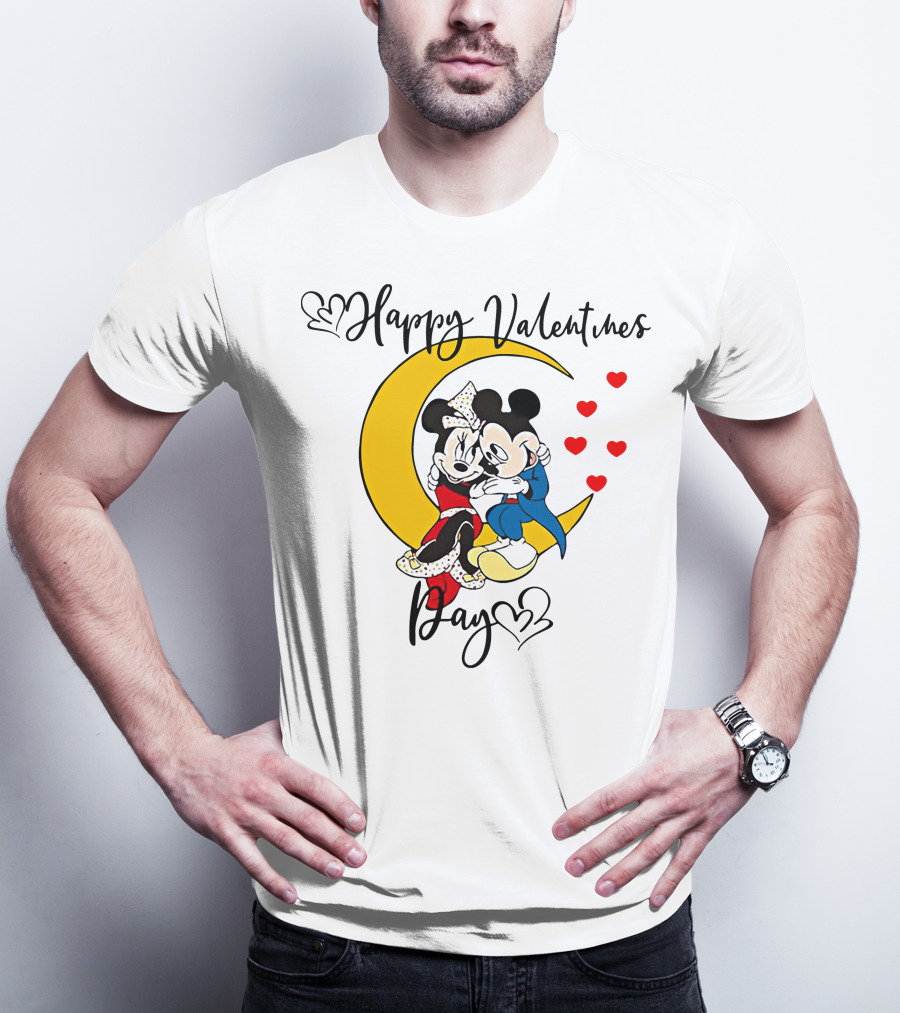 Happy Valentines Day Mickey Mouse And Minnie Mouse Cuddling On Crescent Moon With Hearts T-Shirt