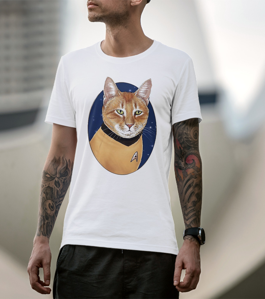 Star Trek Cat In Captain Uniform With Emblem On Starry Background T-Shirt