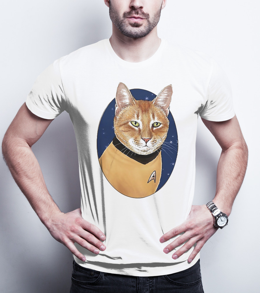 Star Trek Cat In Captain Uniform With Emblem On Starry Background T-Shirt